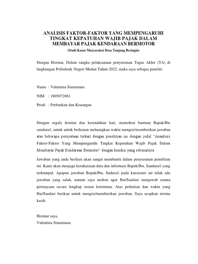 Form Kuesioner Penelitian Responden | PDF