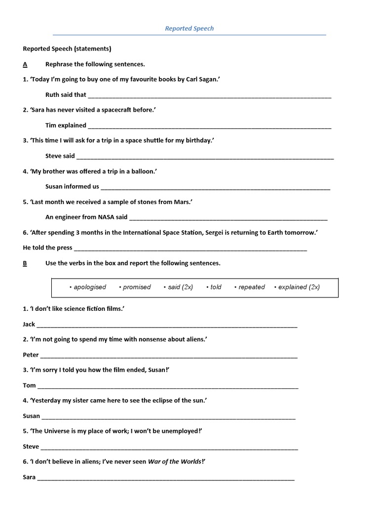 Reported Speech: Rephrasing Statements and Questions from Direct to ...