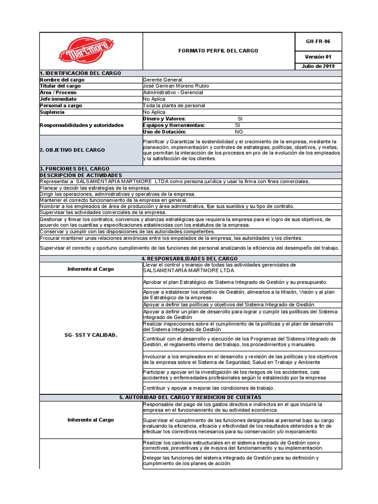 Perfil de Cargo | PDF | Calidad (comercial) | Planificación