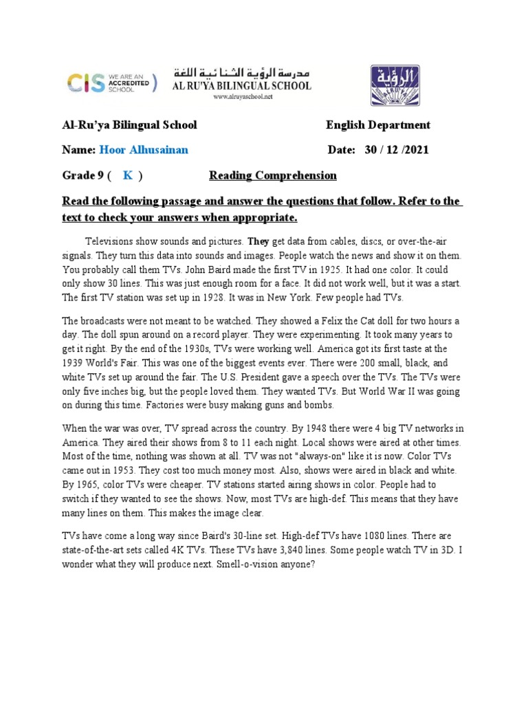 9 Reading Comprehension | PDF | Television | Telecommunications