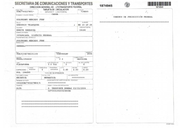 Tarjeta de Circulacion Camion Federal | PDF