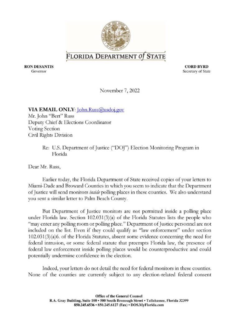 Florida Secretary of State Letter | PDF | Florida | Federal Government ...
