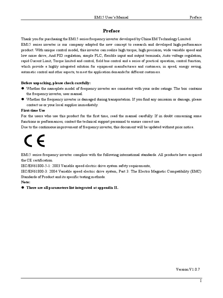 EM15 Series User Manual-V1 0 7 | PDF | Power Inverter | Electric Motor