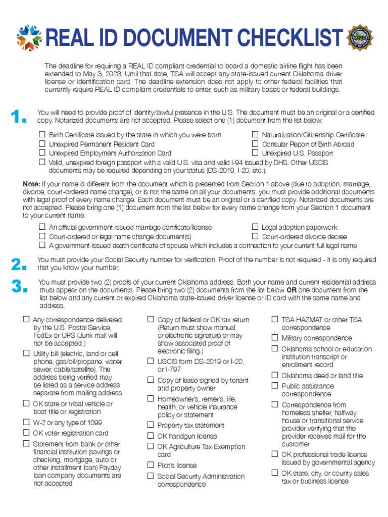 Oklahoma REAL ID Document Checklist | PDF | Identity Document | Document