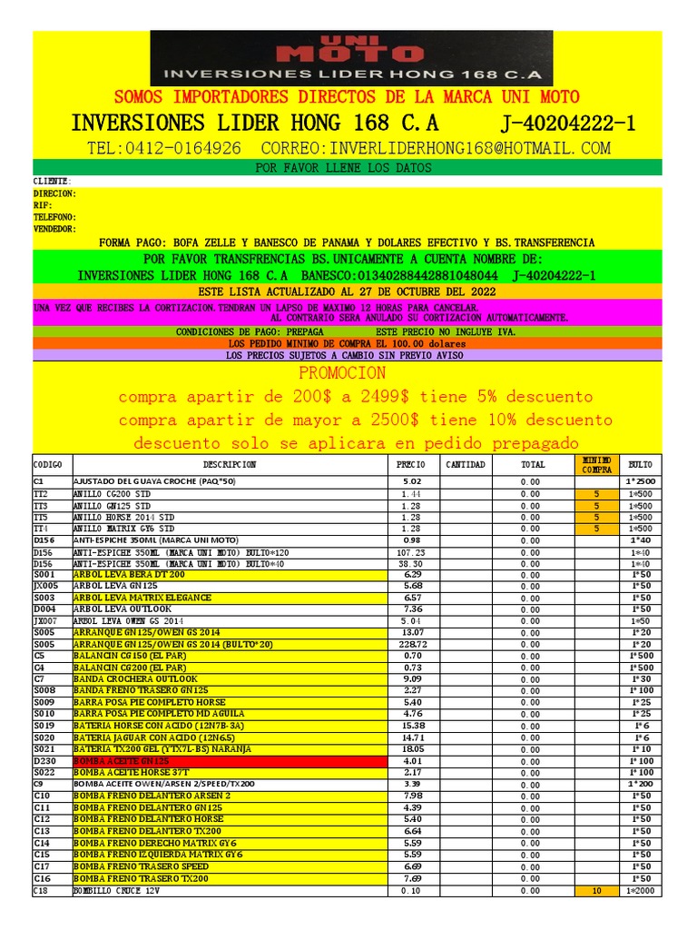 27-10-2022 Lista Actualizada UNI MOTO-Inv - Lider Hong 168 C.A | PDF ...