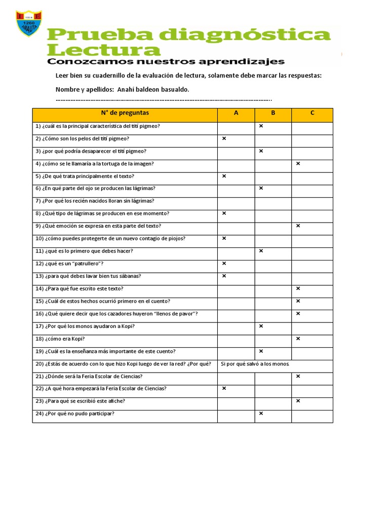 Hoja de Respuesta de Lectura 3°ks | PDF