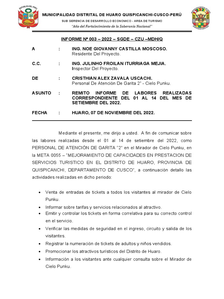Informe de Actividades Turísticas en Huaro | PDF