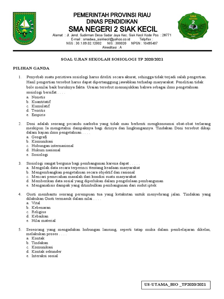 Soal Us Sosiologi 2021 | PDF | Ilmu Sosial | Kesehatan Holistik