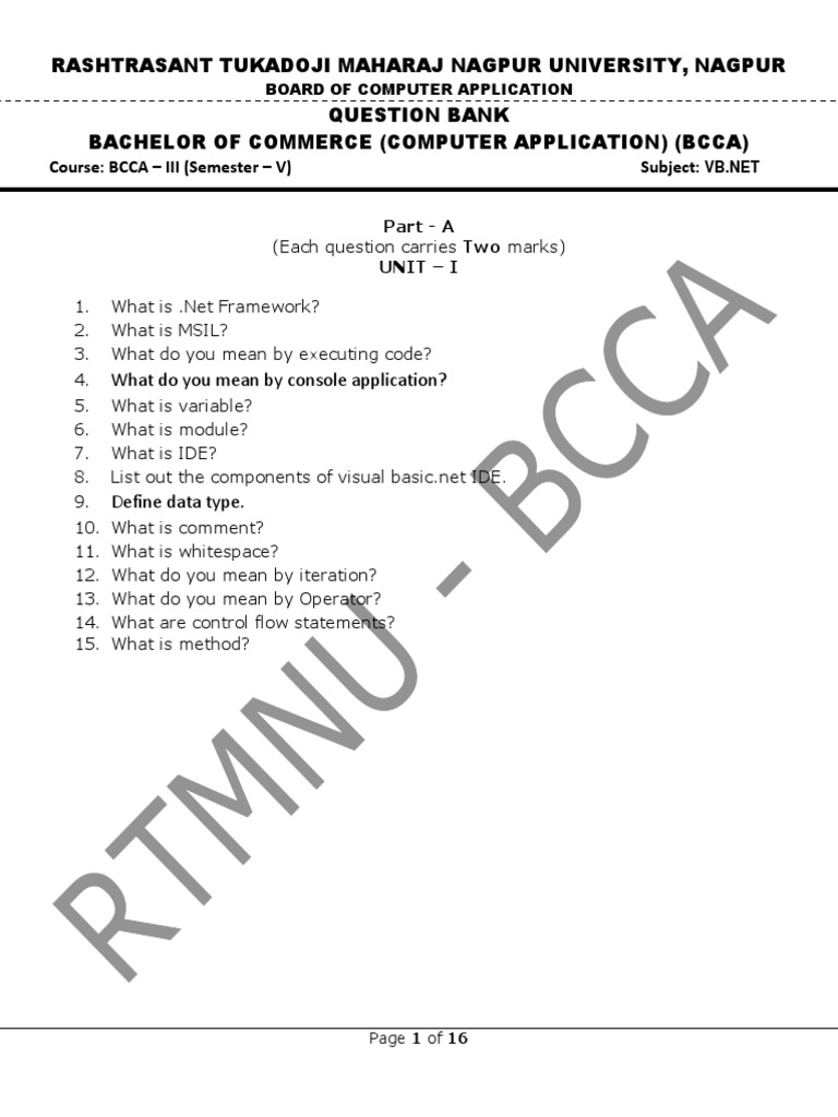 Question Bank BCCA - III Sem V T - I | PDF | Visual Basic .Net | Software Development