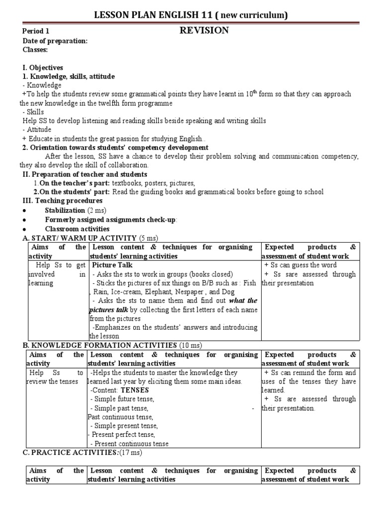 English 11 Lesson Plan: Grammar Review | PDF | Grammatical Tense ...