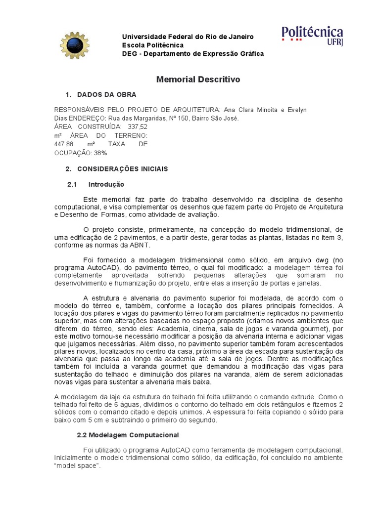 Memorial Descritivo - Modelo Comentado | PDF | Auto Cad | Teto