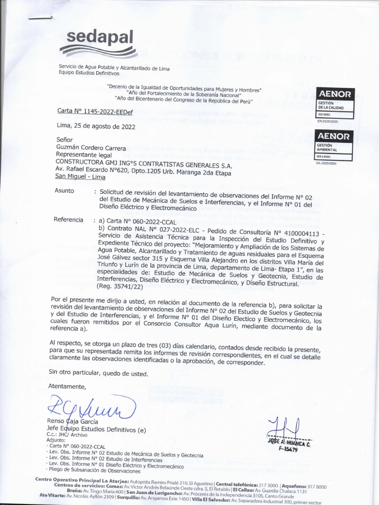 Carta Sedapal Respuesta Lev Obs | PDF | Suministro de agua