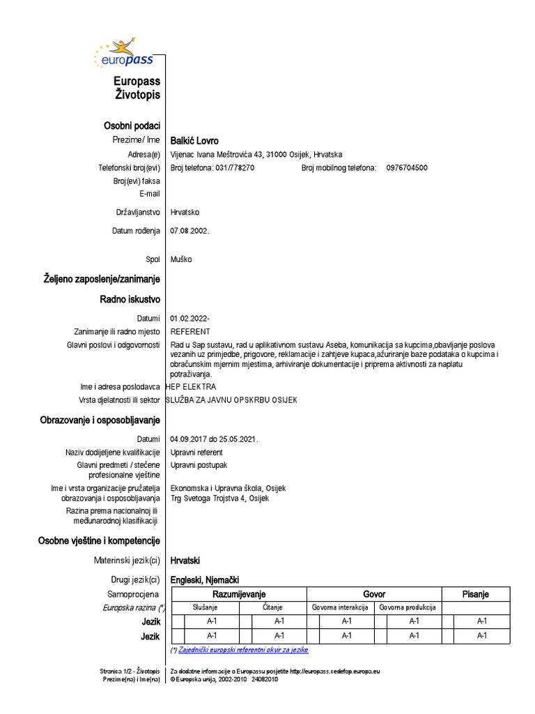 Europass Zivotopis Lovro Balkic | PDF