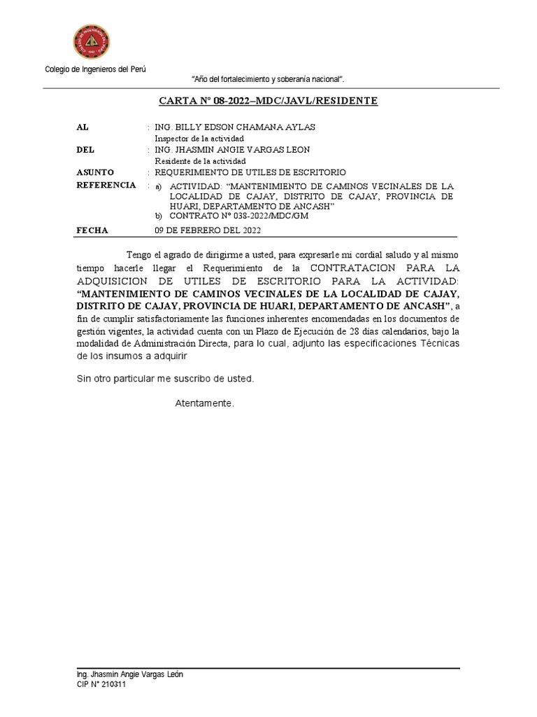 Carta #08, Requerimiento de Utiles de Escritorio | PDF | Economias