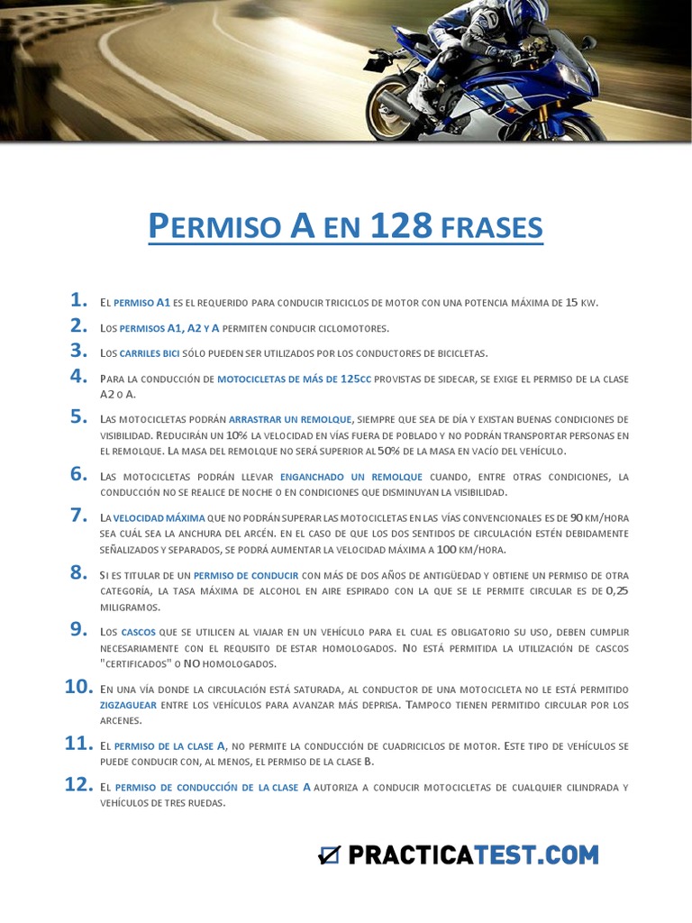 Resumen Dgt Permiso A A1 A2 En 128 Frases Pdf Motocicleta