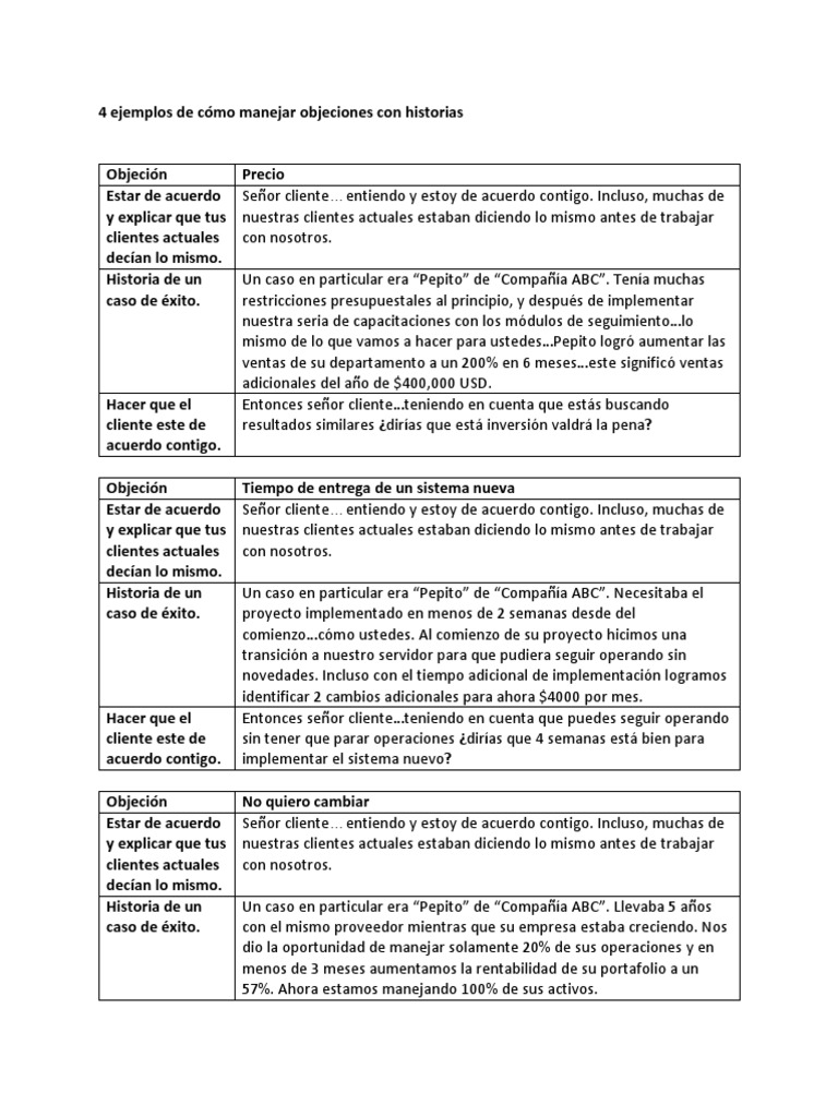 4 Ejemplos de Cómo Manejar Objeciones Con Historias | PDF | Economias
