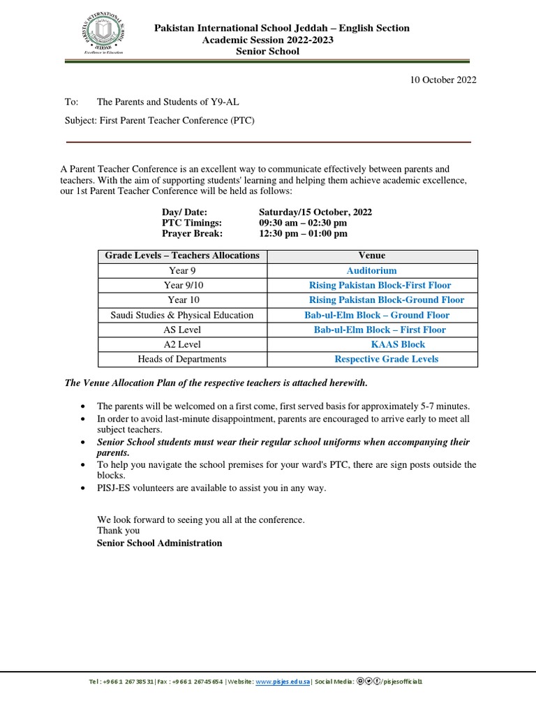 1st Parent Teacher Conference Memo 2022-23 | PDF
