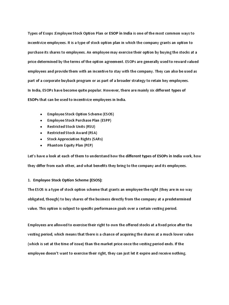 Types of ESOP | PDF | Stocks | Employee Stock Option
