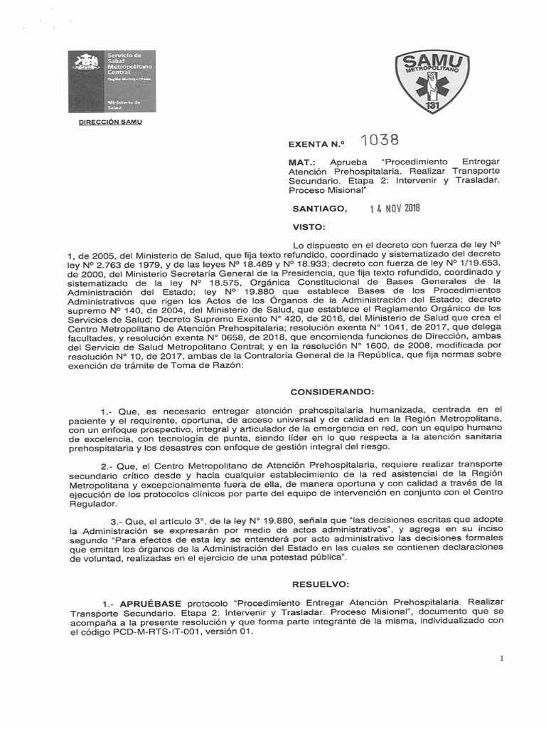 Exenta 1038 Procedimiento Entregar Atención Prehospitalaria | PDF