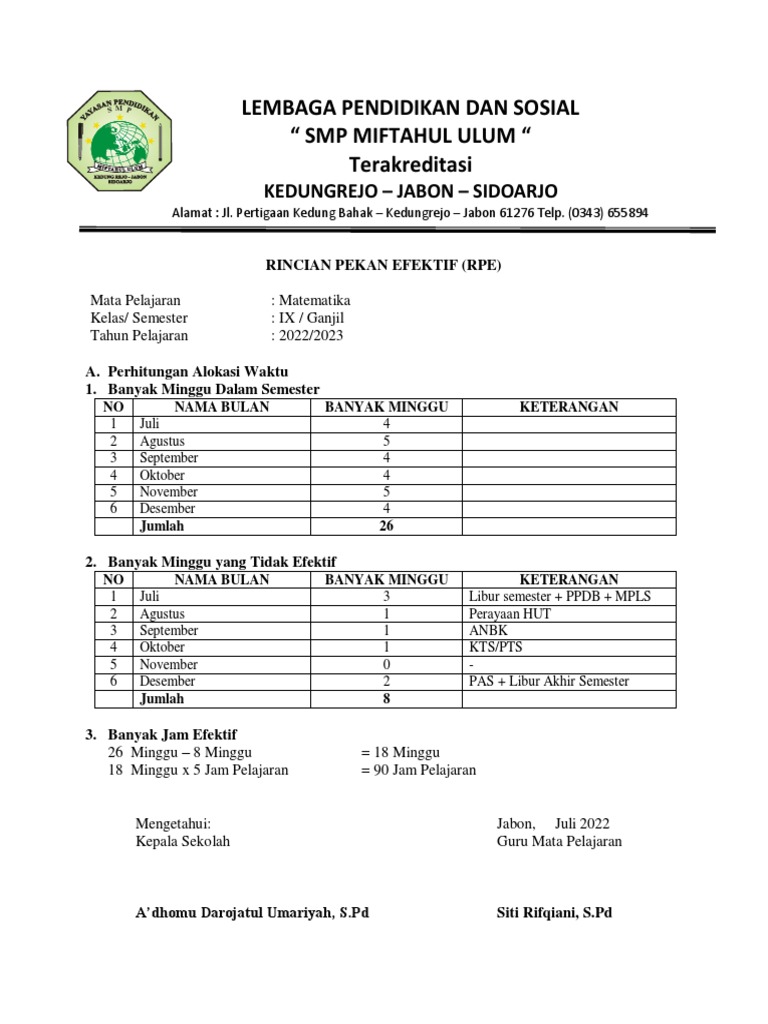 Rpe Semester 1 MTK | PDF