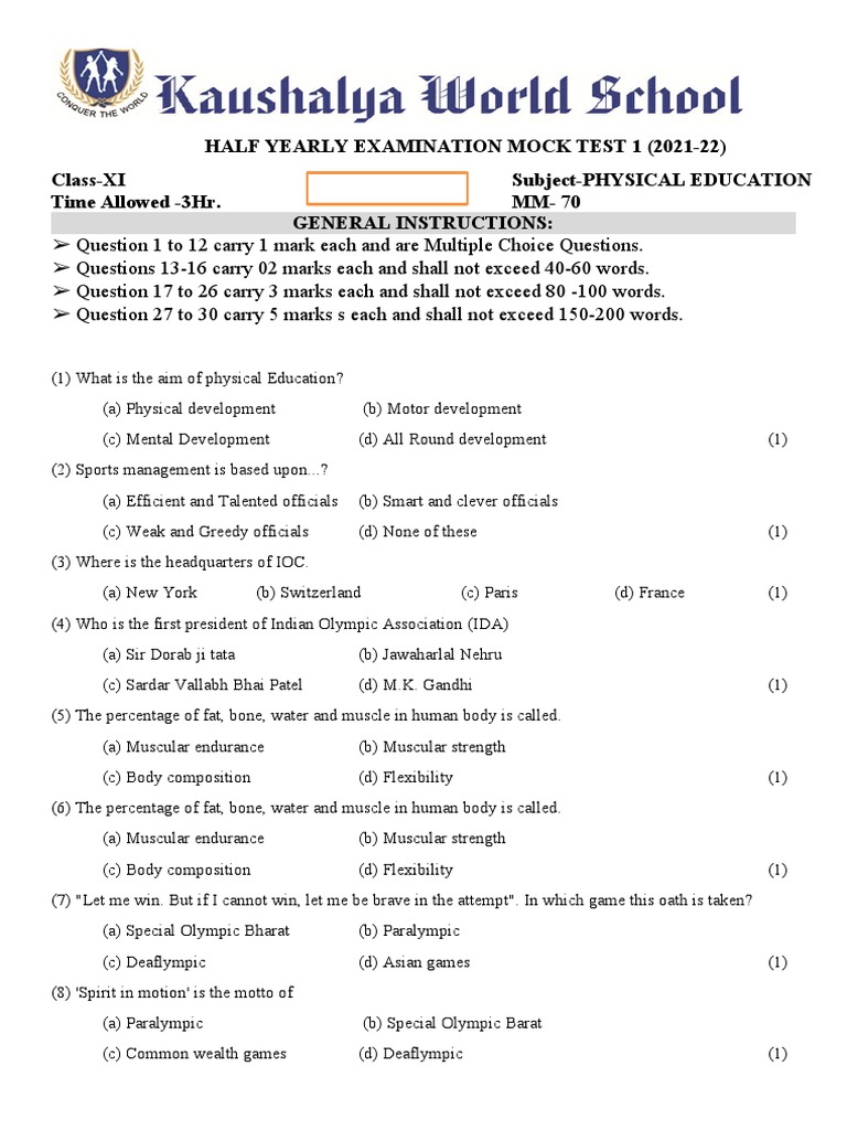 Phsysical Education MOCK TEST 1 PDF | PDF | Sports & Recreation