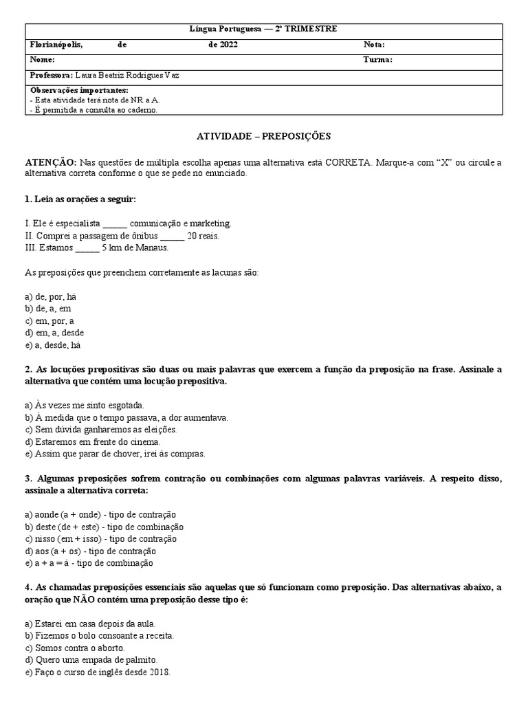 Atividade - Preposições | PDF | Preposição e posposição | Linguística