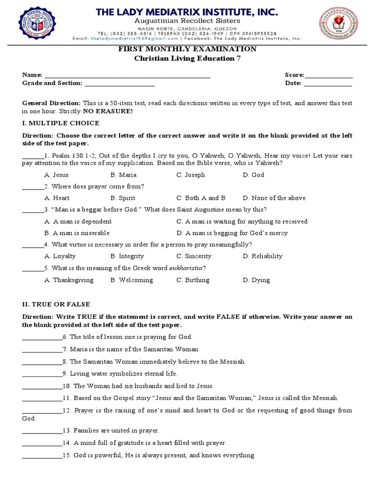 First Monthly Examination in CLE 7 | PDF | Jesus | Prayer