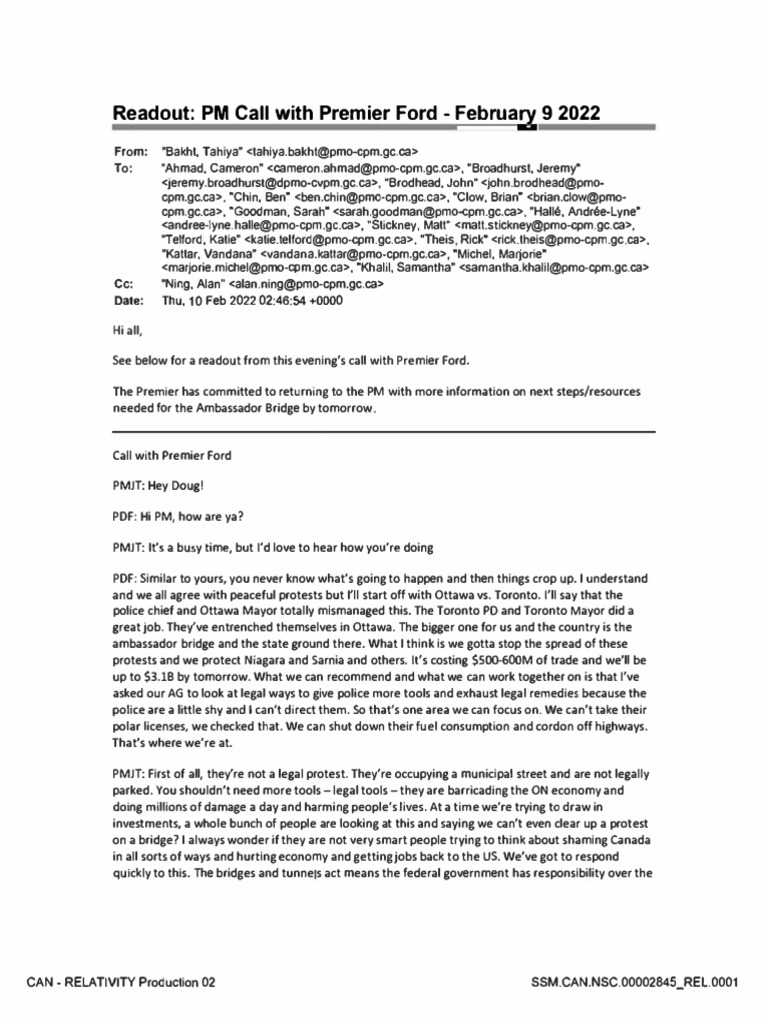 Transcript of Feb. 9 Call Between Trudeau and Ford On Freedom Convoy ...