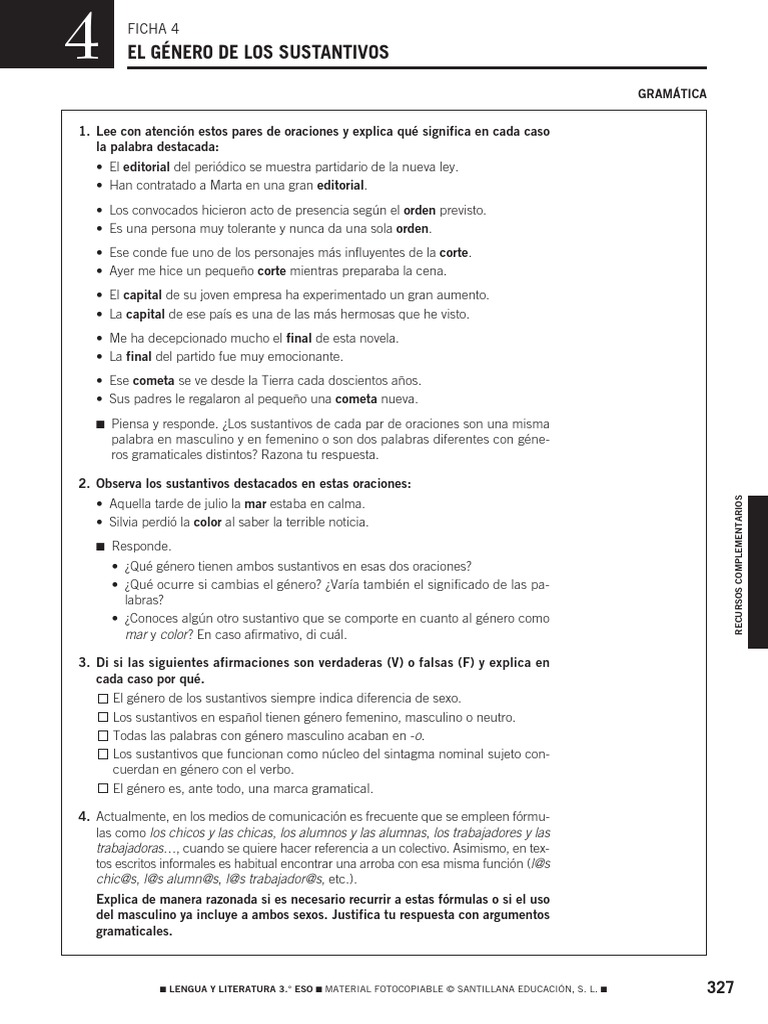 3º ESO. El Género de Los Sustantivos. Avanza | PDF | Género gramatical ...
