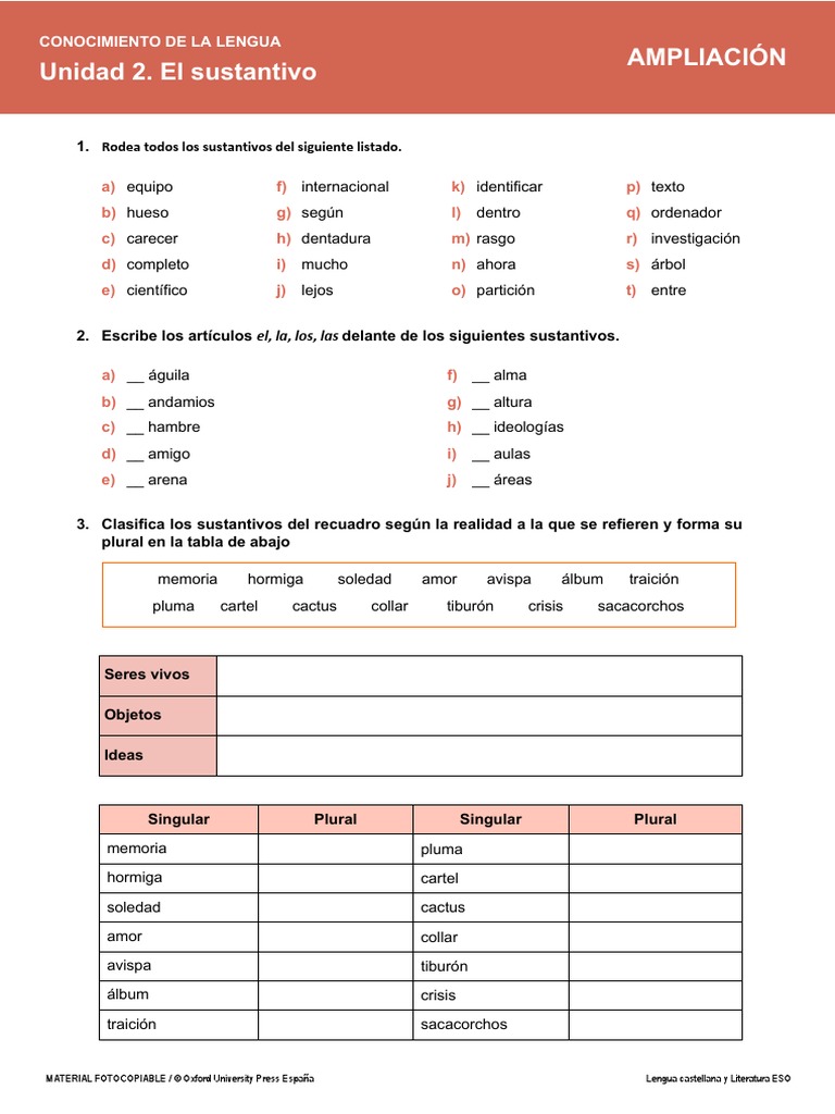 1º ESO. El Sustantivo. Oxford | PDF | Sustantivo | Plural