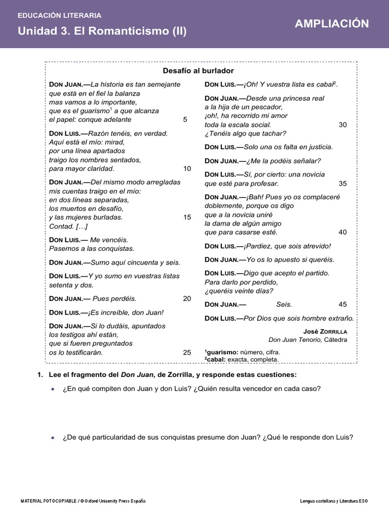 4º ESO. Romanticismo II. Oxford. 6 Páginas. Con Soluciones | PDF | Don Juan