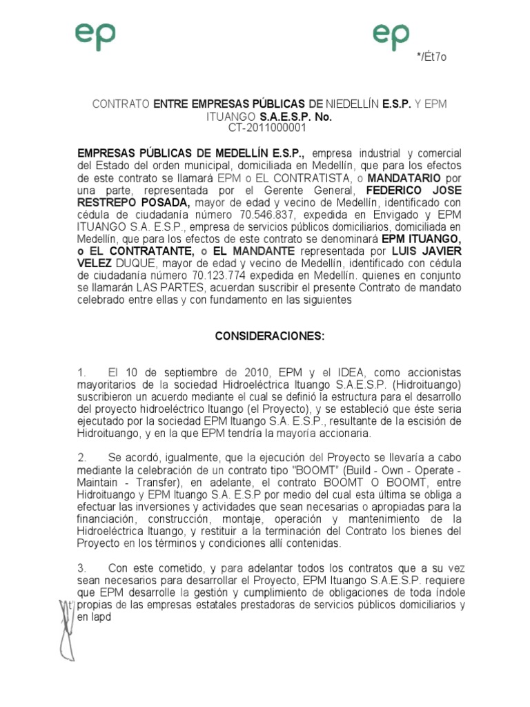 Contrato EPM - EPM - ITUANGO | PDF | Bancos | Liquidación