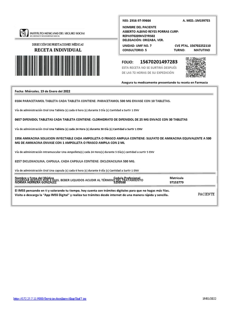 Receta de Difenidol y Paracetamol IMSS | PDF | Medicina CLINICA | Medicina