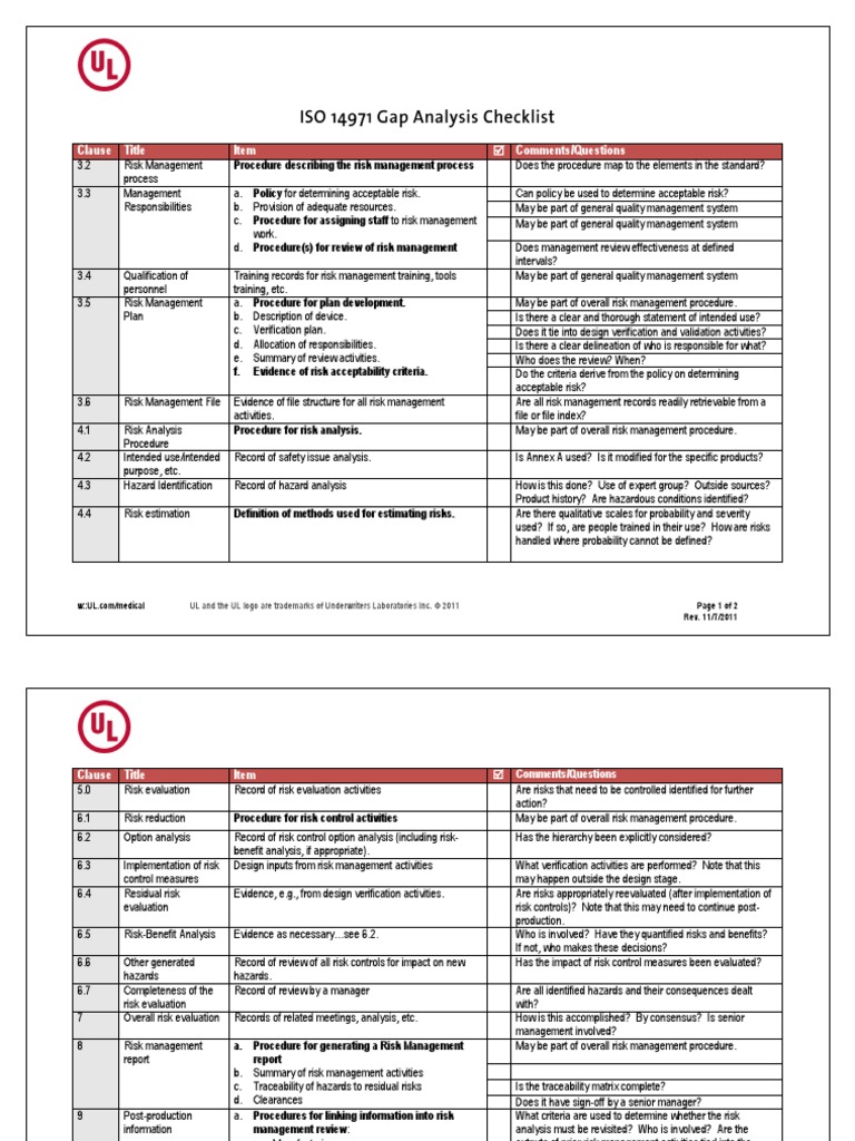 ISO 14971 Gap Analysis Checklist New Brand | Download Free PDF | Risk ...