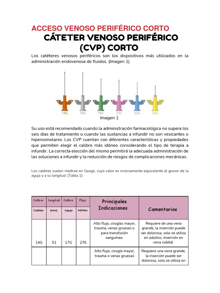 Catéter Venoso Periférico Corto: Tipos y Calibres | PDF | Medicina ...