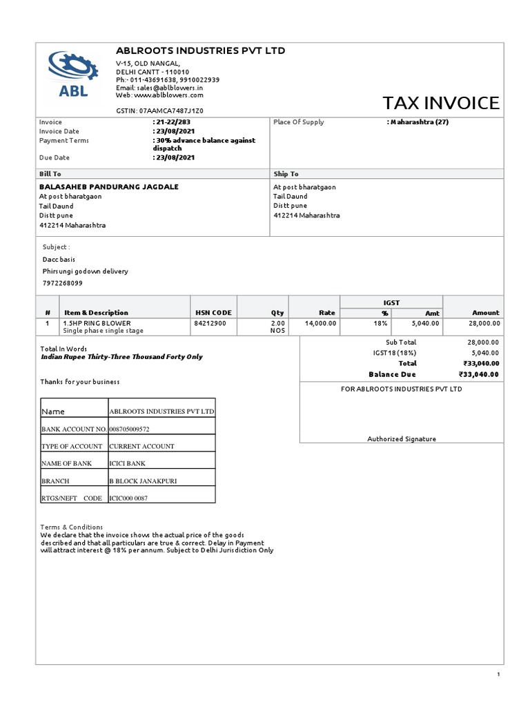 Tax Invoice: Ablroots Industries PVT LTD | PDF | Economies | Government Finances