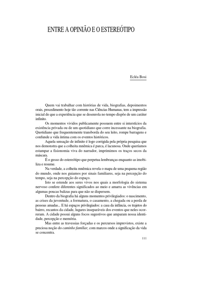 BOSI Eclea Entre A Opiniao e o Estereotipo | PDF | Conhecimento | Pensamento