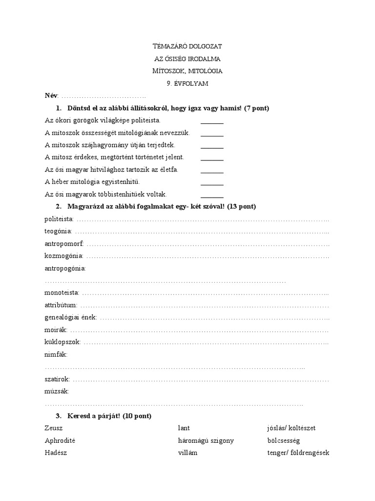 Témazáró Dolgozat Mitológia | PDF