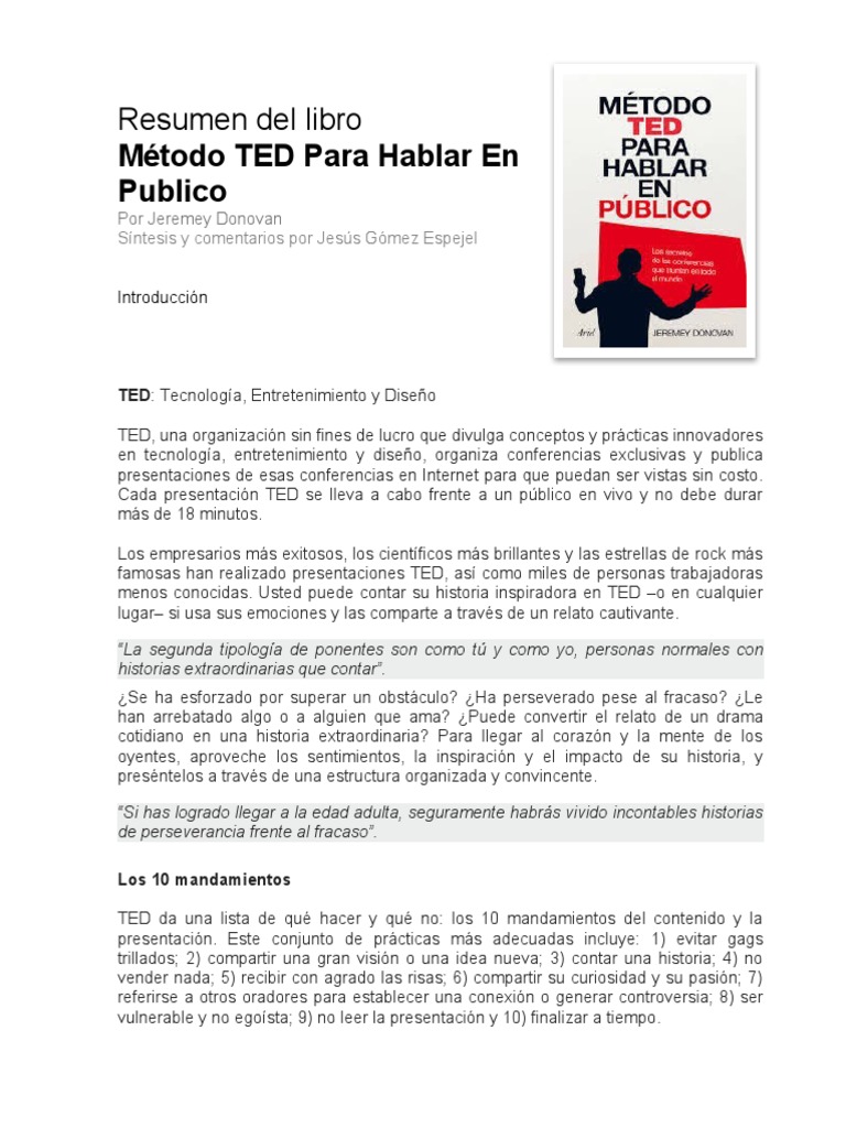 Resumen Del Libro Metodo Ted para Hablar en Publico | PDF | Las emociones | Aprendizaje
