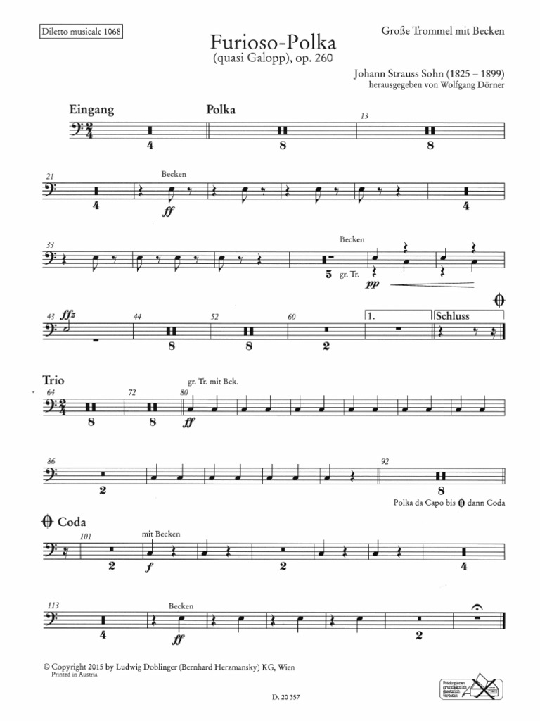 20 Strauss, Furioso-Polka, Op.260 - Gran Cassa e Piatti | PDF