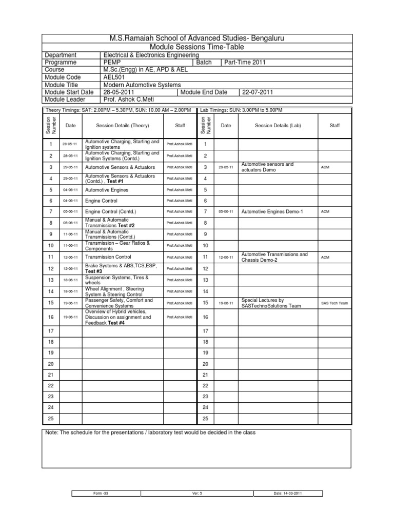 Part-Time Automotive Systems Schedule | PDF