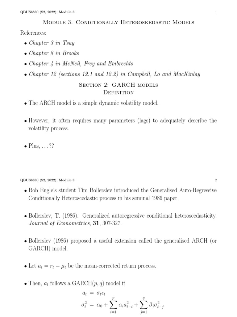 Lecture 7 - ARCH and GARCH Volatility Modelling | PDF | Autocorrelation | Errors And Residuals