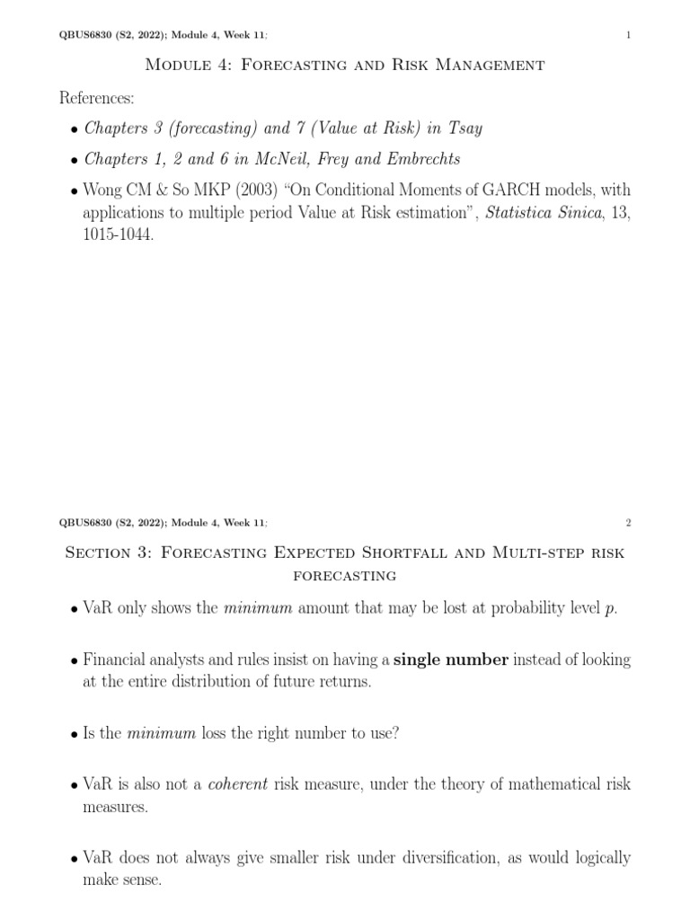 Lecture 11 - Forecasting Value at Risk (VaR) and ES (ES) | PDF | Value At Risk | Bootstrapping ...
