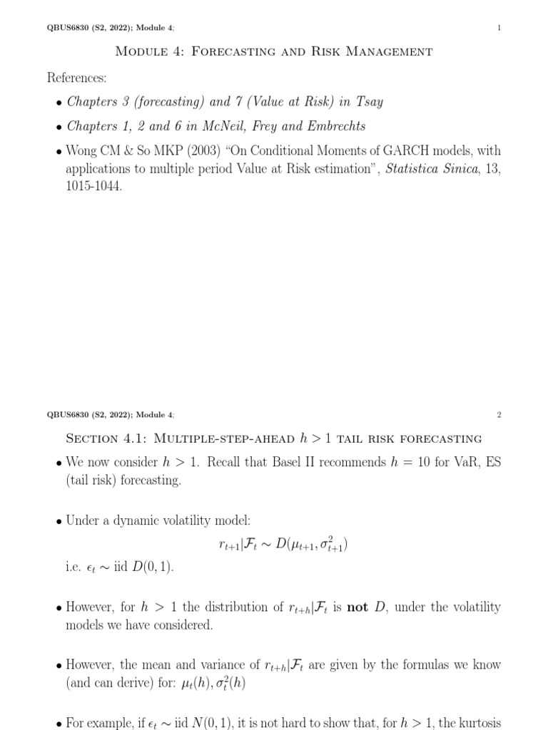 Lecture 12 - Forecasting Tail Risk, VaR and Expected Shortfall (ES), h1 | PDF | Value At Risk ...