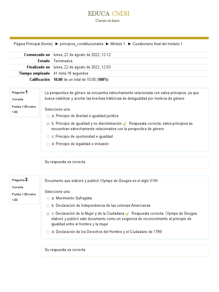 Cuestionario Final Del Módulo 1 CNDH | PDF | Derechos humanos | Mujer