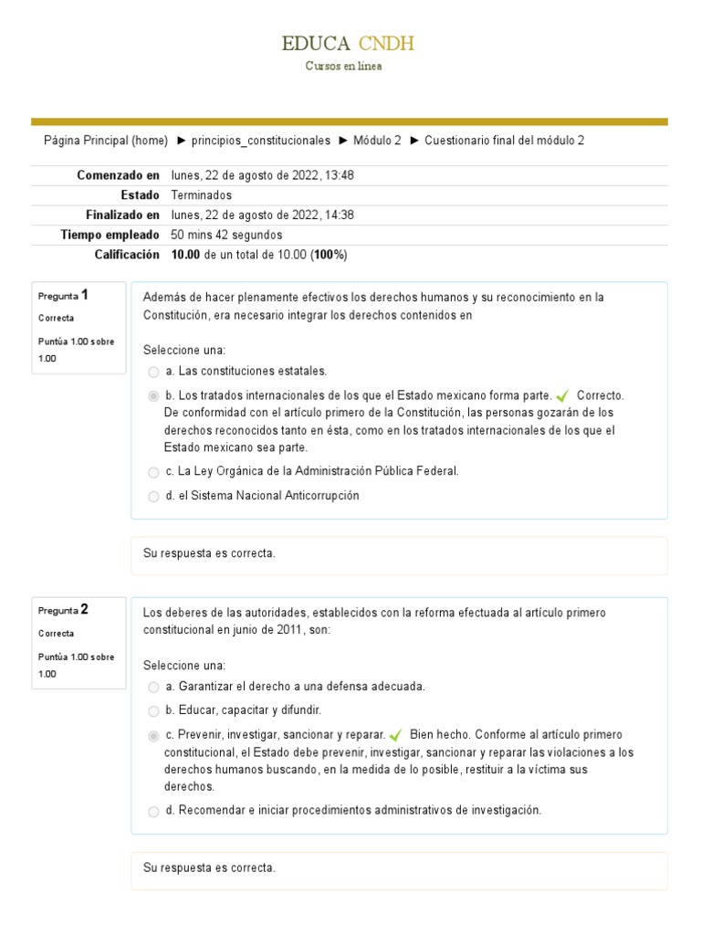 Cuestionario Final Del Módulo 2 CNDH | PDF | Derechos humanos | Constitución