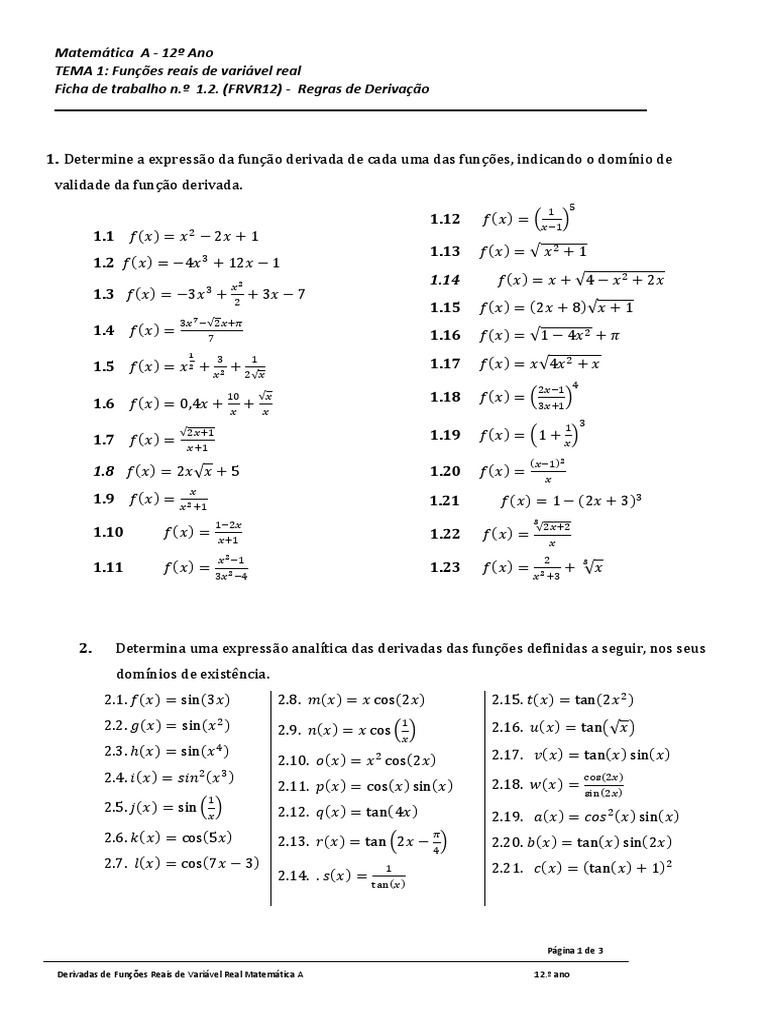 Ficha 5 Regras De Derivação Pdf Função Matemática Derivado