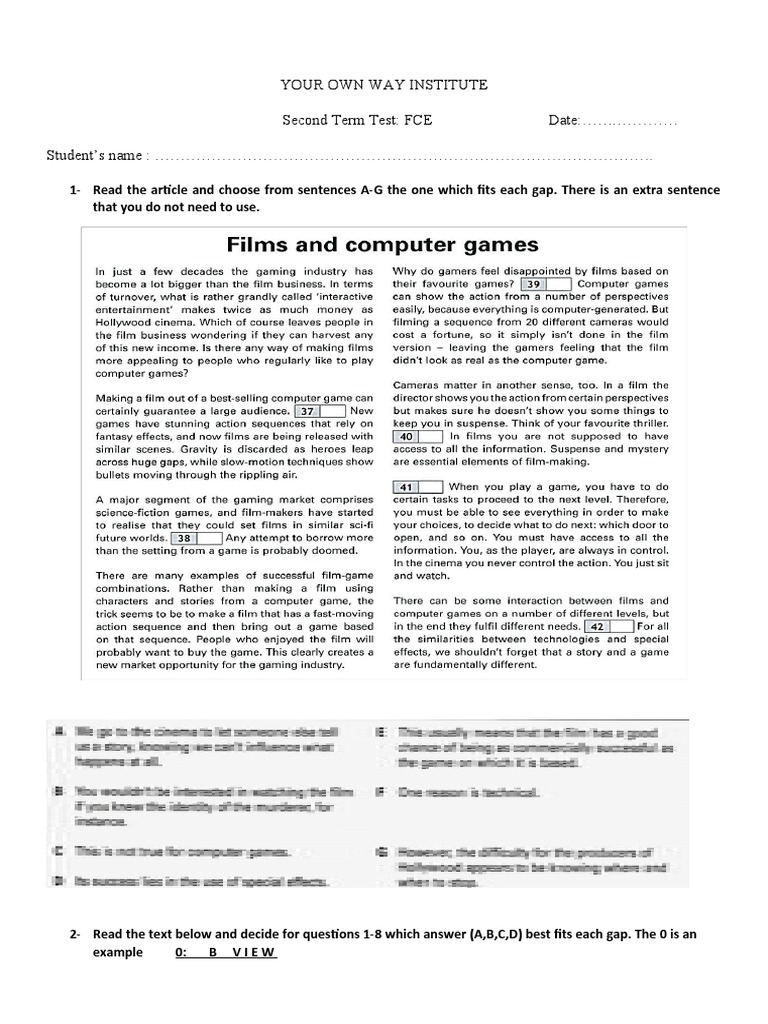 FCE Second Term Test Practice | PDF