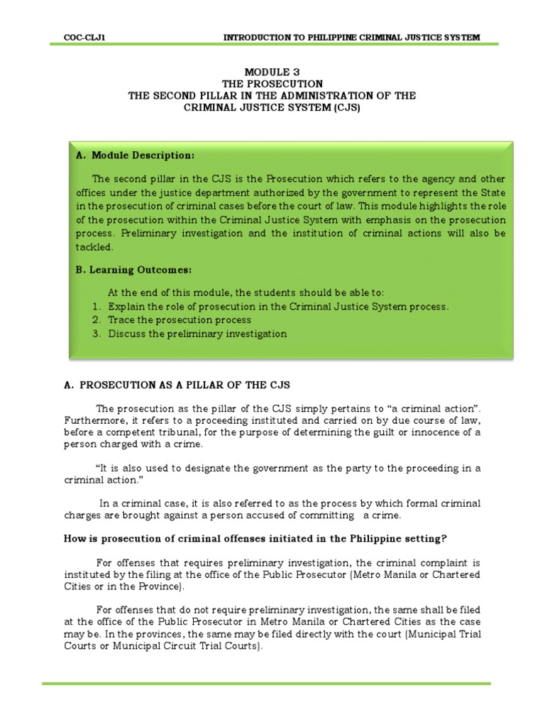 Introduction to the Prosecution Pillar of the Philippine CJS | PDF | Prosecutor | Probable Cause