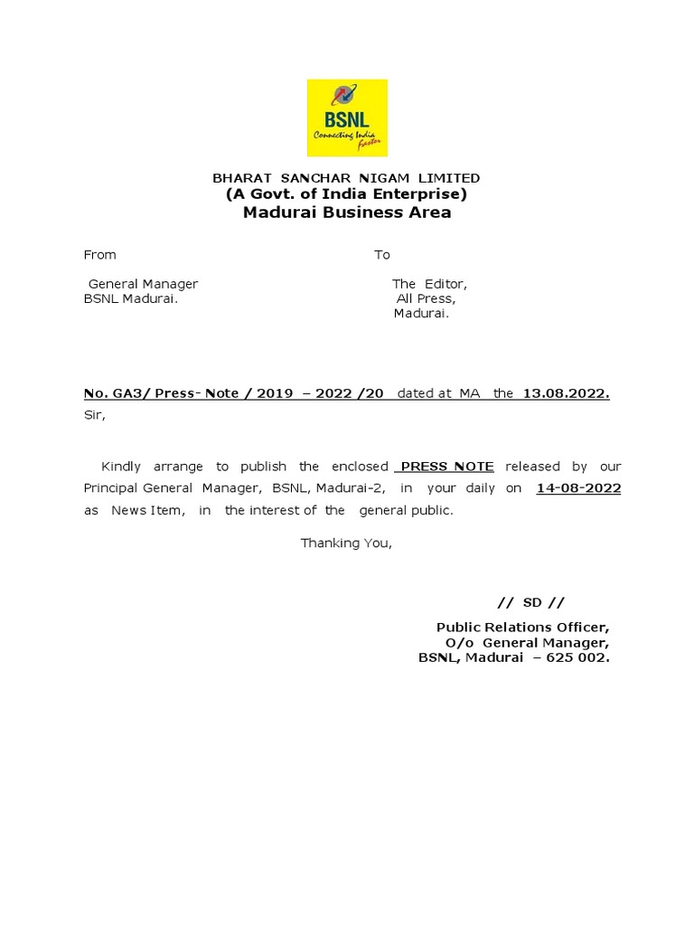 Press Note Letter | PDF